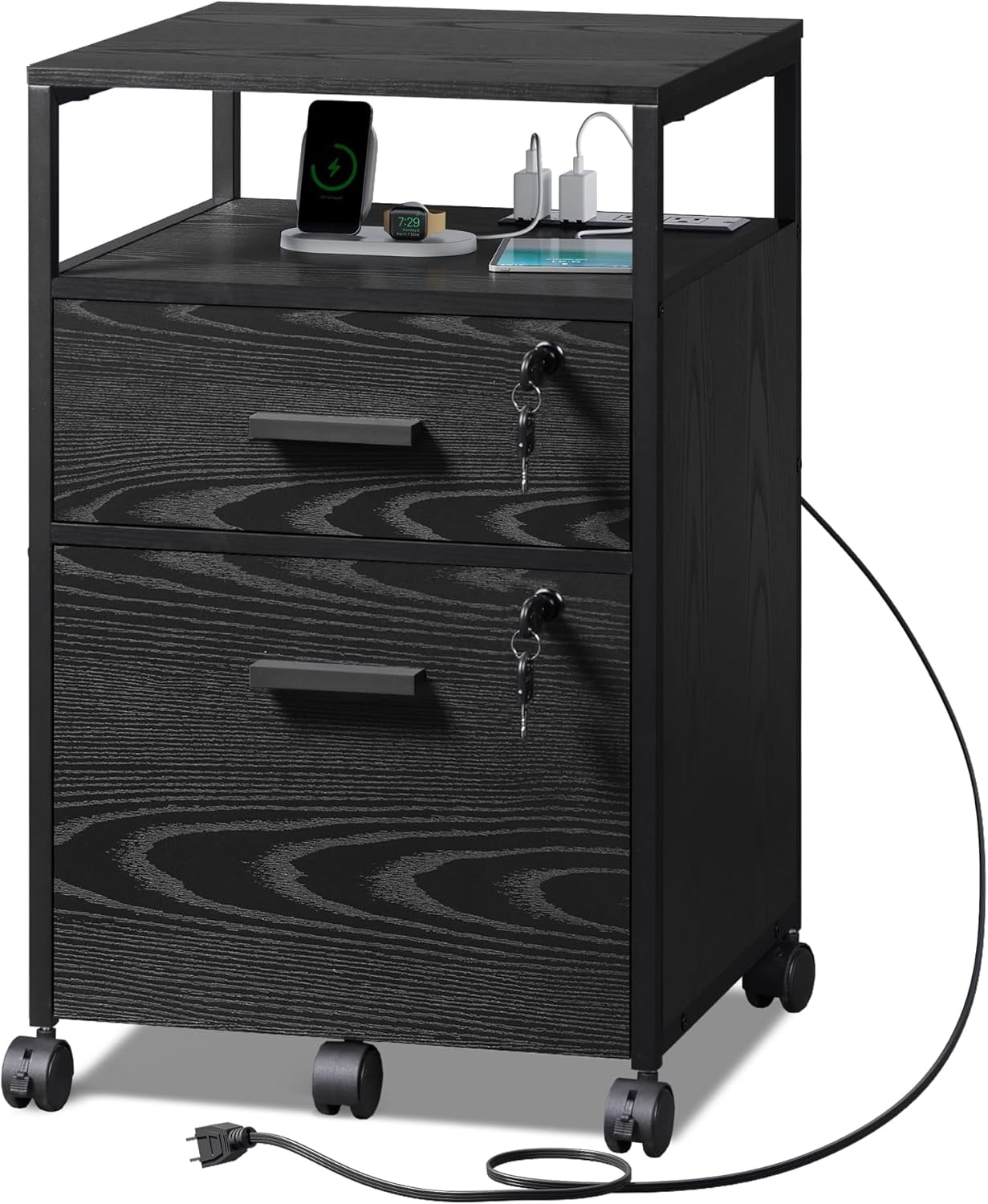 SHEN 2 Drawer File Cabinet with Lock and Charging Station, Wood Filing ...