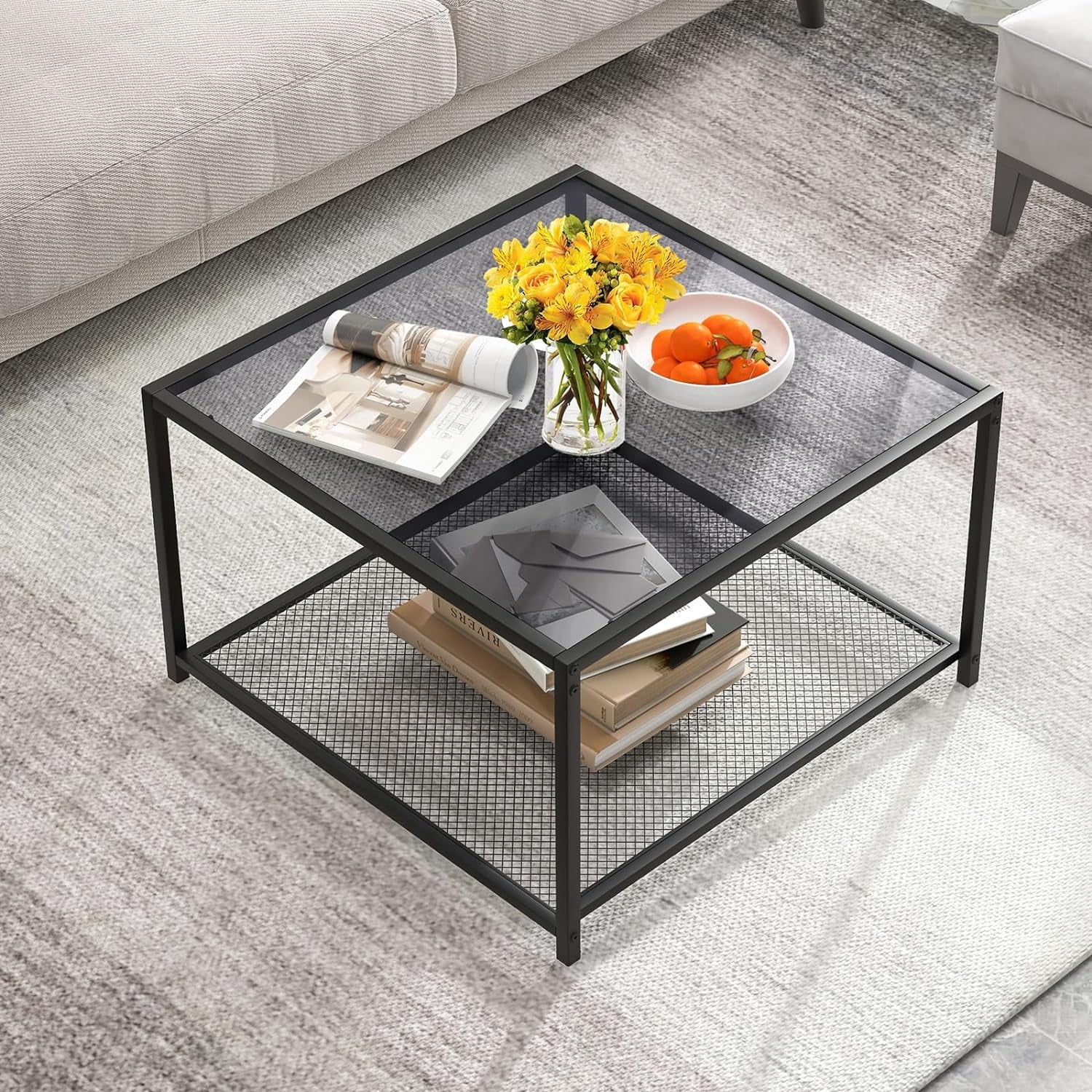SHEN 27.5" Square Coffee Table - Tempered Glass Center Table w/Bottom ...
