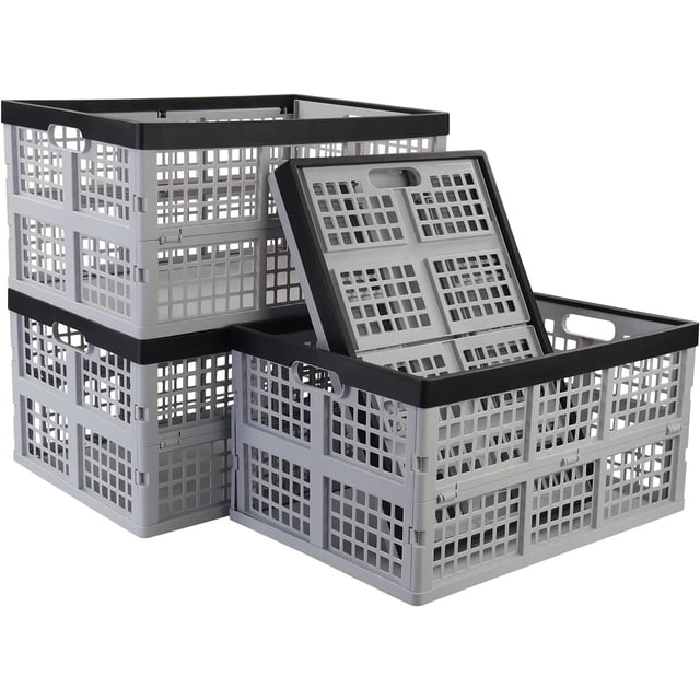 SHEN 42 Liter, 4 Pack Collapsible Plastic Storage Crates, Folding Crate ...
