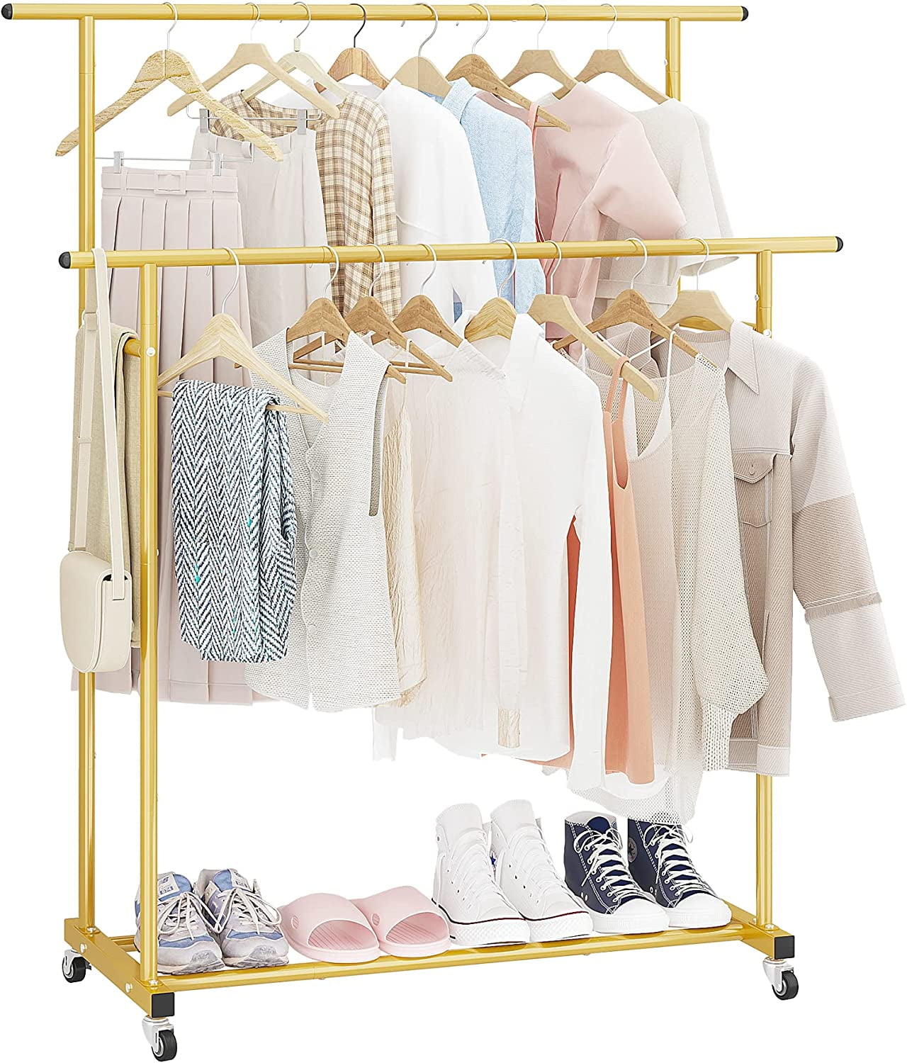 SHEN Double Rod Clothing Garment Rack,Rolling Hanging Clothes Rack ...