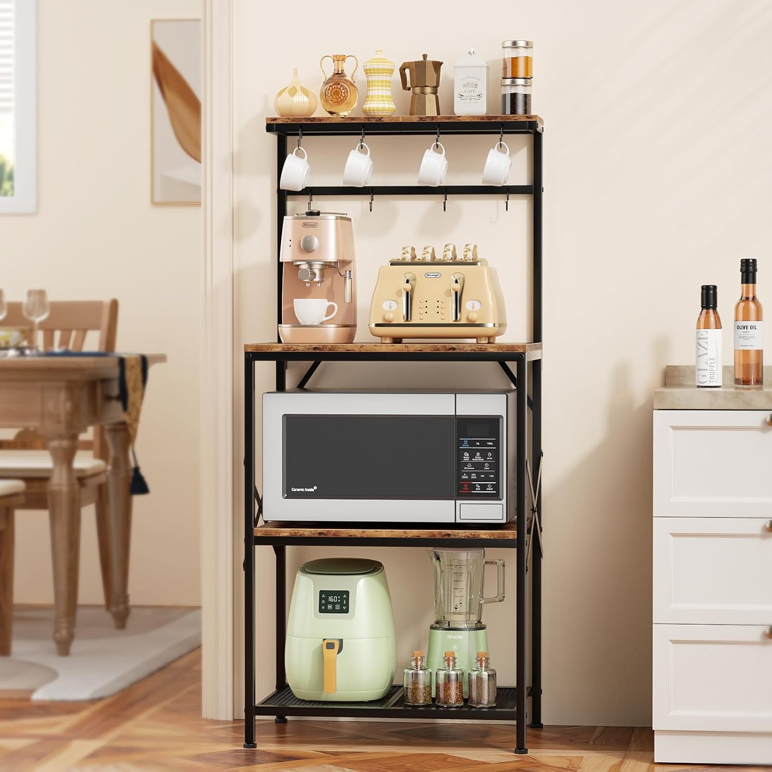 SHEN Kitchen Bakers Rack with Storage Shelves, Small Coffee Bar Table ...