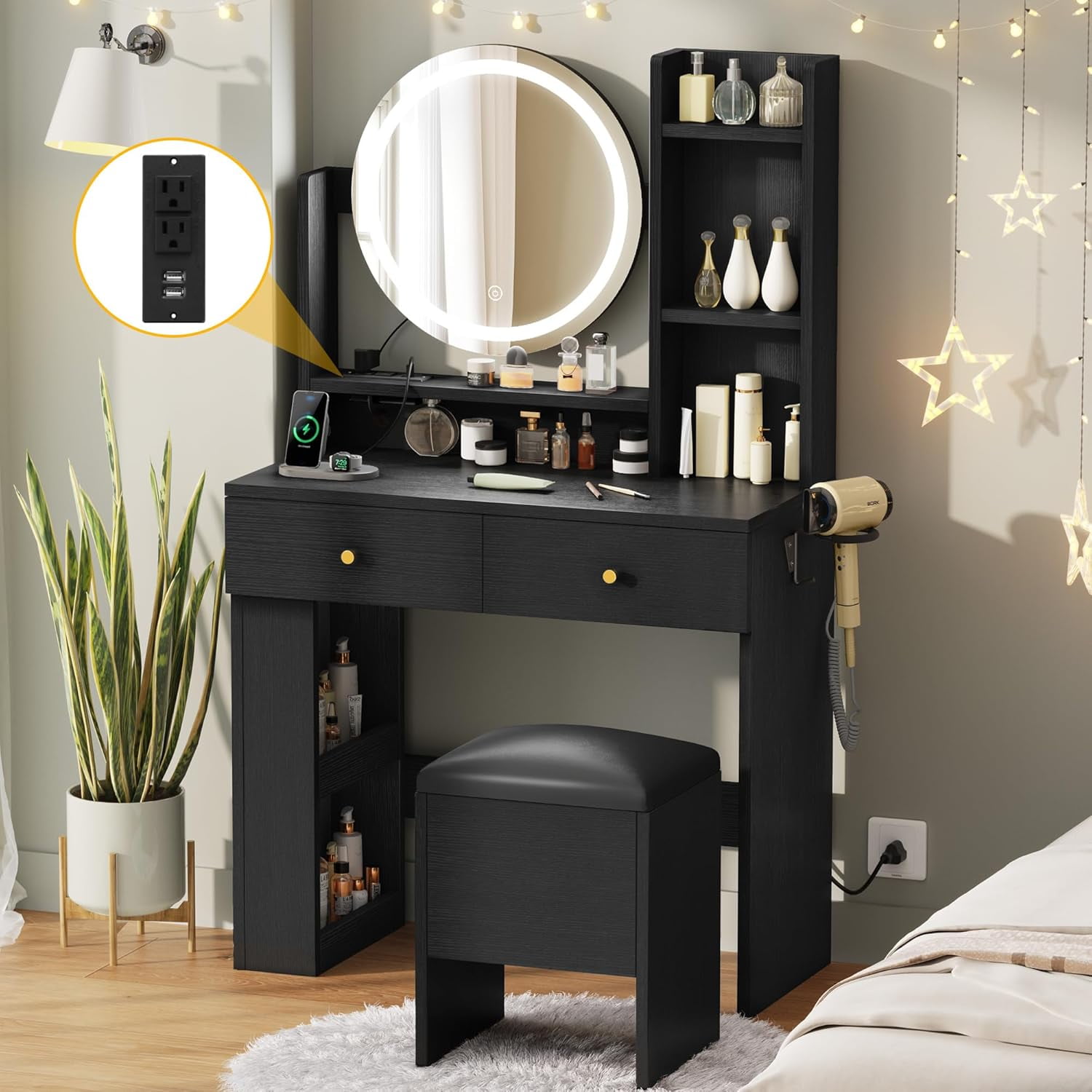 SHEN Vanity Desk with Mirror and Lights, Makeup Vanity Table Set Round ...