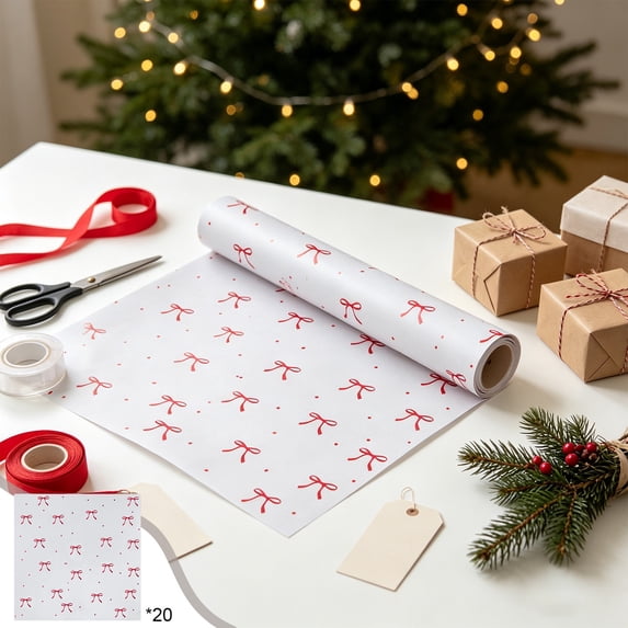 SHENGXINY Christmas Wrapping Paper 20 Pack, White Background Red Bow ...