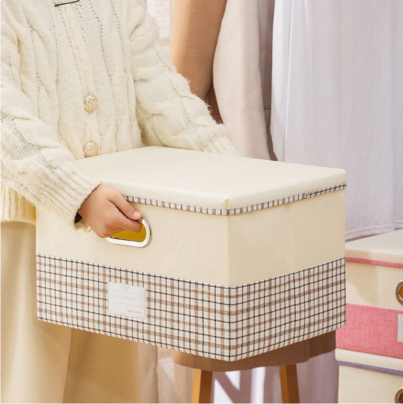 SHENGXINY Fabric Storage Bin with Lid, Linen Plaid Storage Box for ...