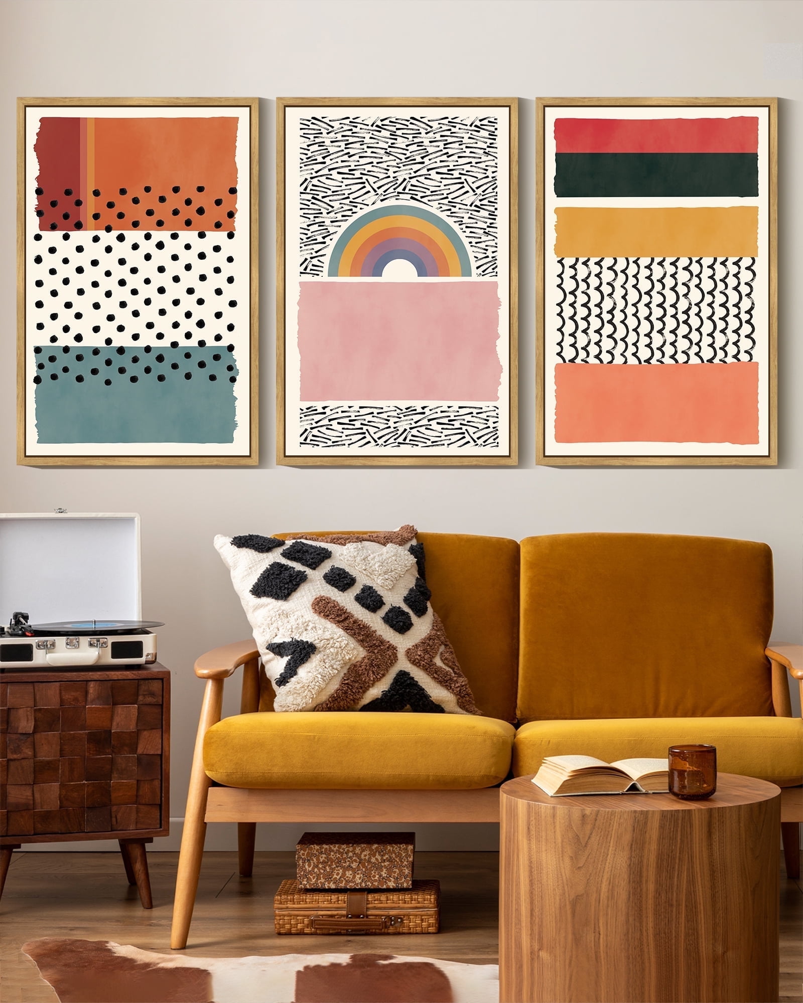 SHENIFY Boho Abstract Wall Art 16x24in3pcs Natural Framed Mid-Century ...