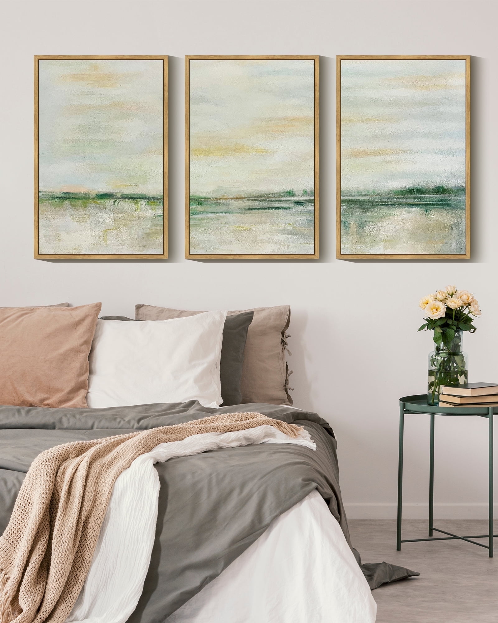 SHENIFY Framed Canvas Wall Art Watercolor Pastel Green Tan Landscape ...