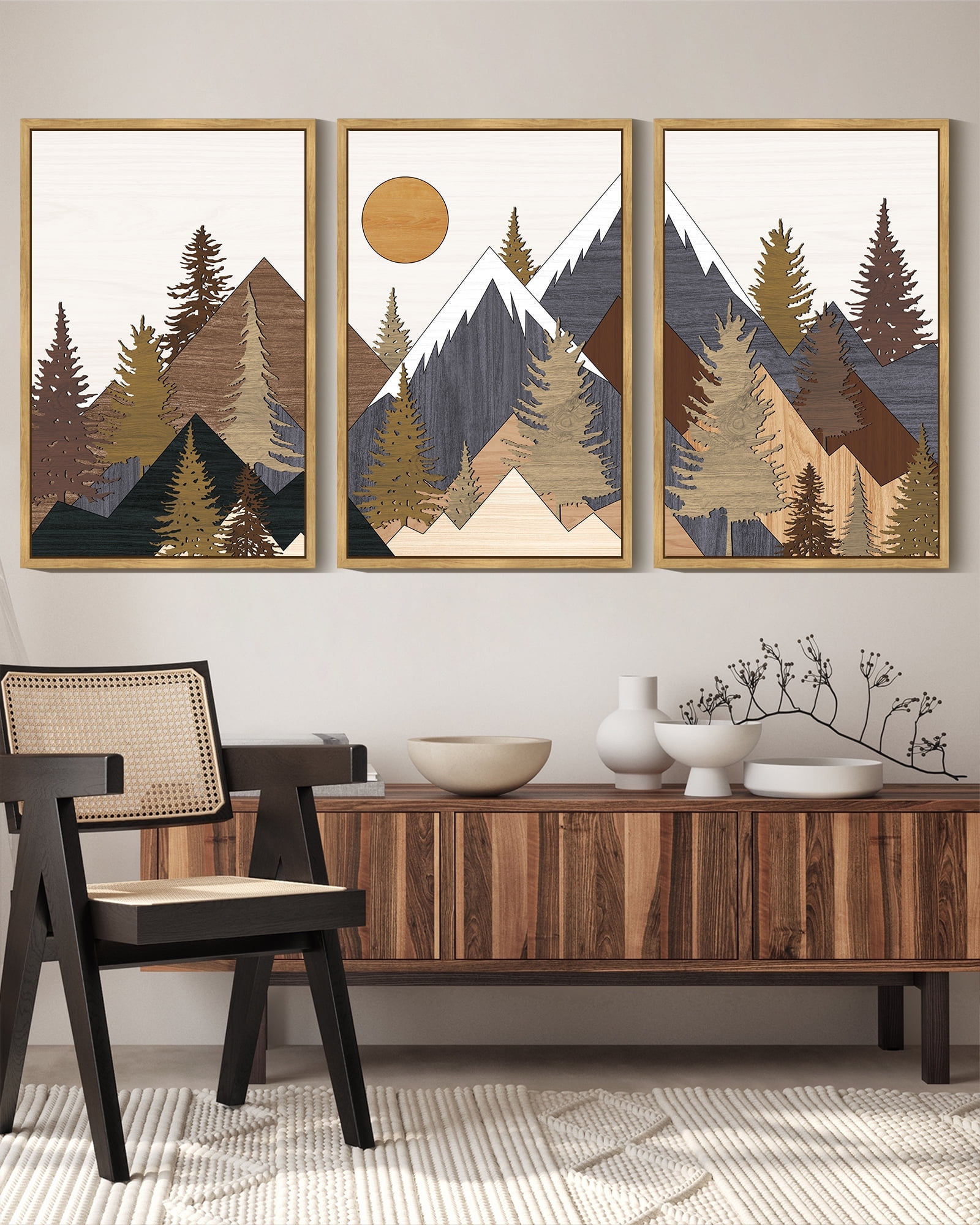 SHENIFY Landscape Mountain Wall Art 16x24in3pcs Natural Framed Set ...
