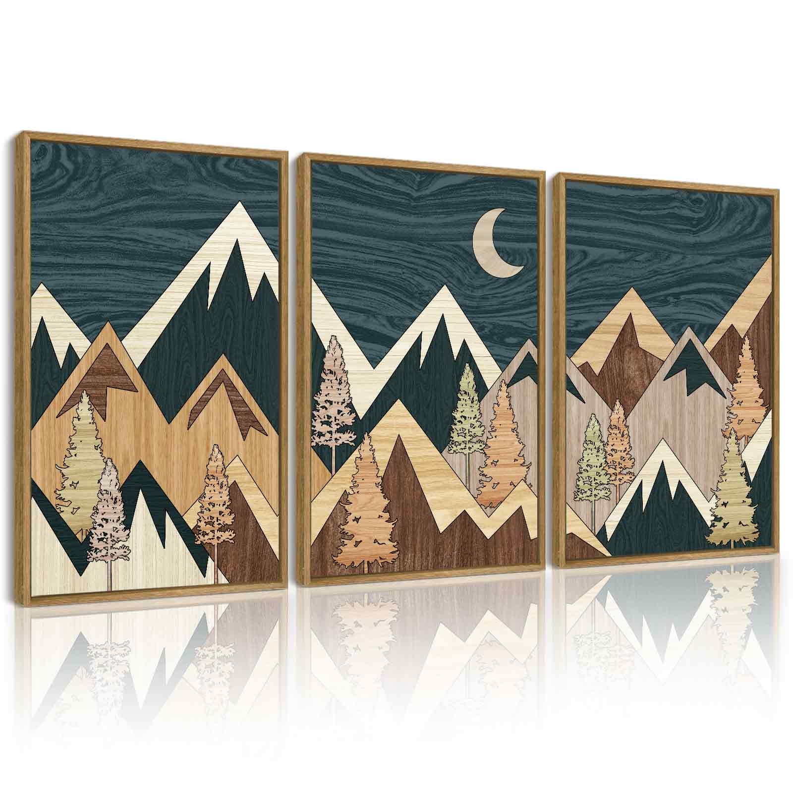 SHENIFY Woodcut Pine Tree Forest Mountains Wall Art 16x24in3pcs Natural ...