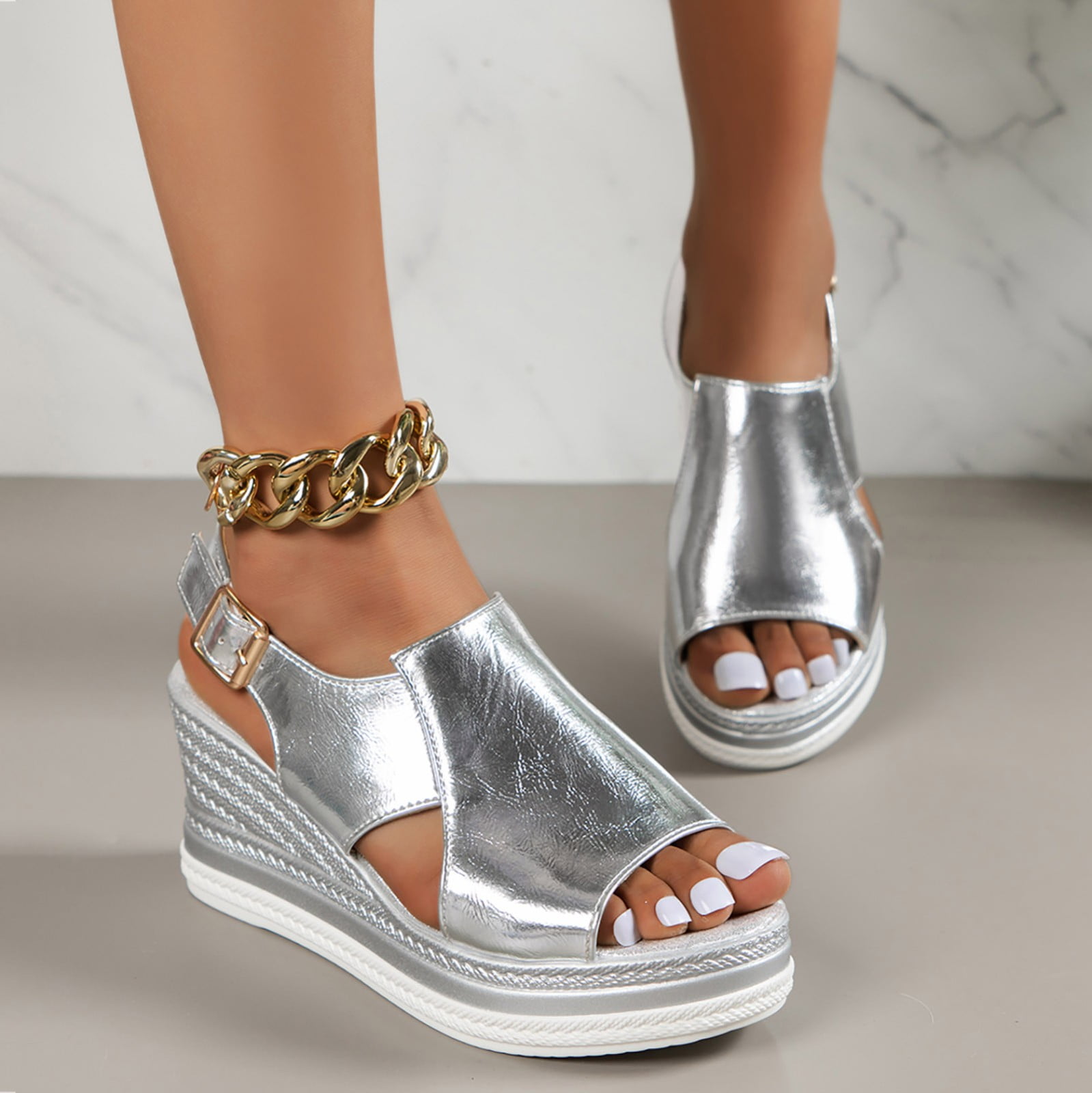 SHENJUA Sandals for Women 2025 Comfortable Metallic Slingback Wedge ...