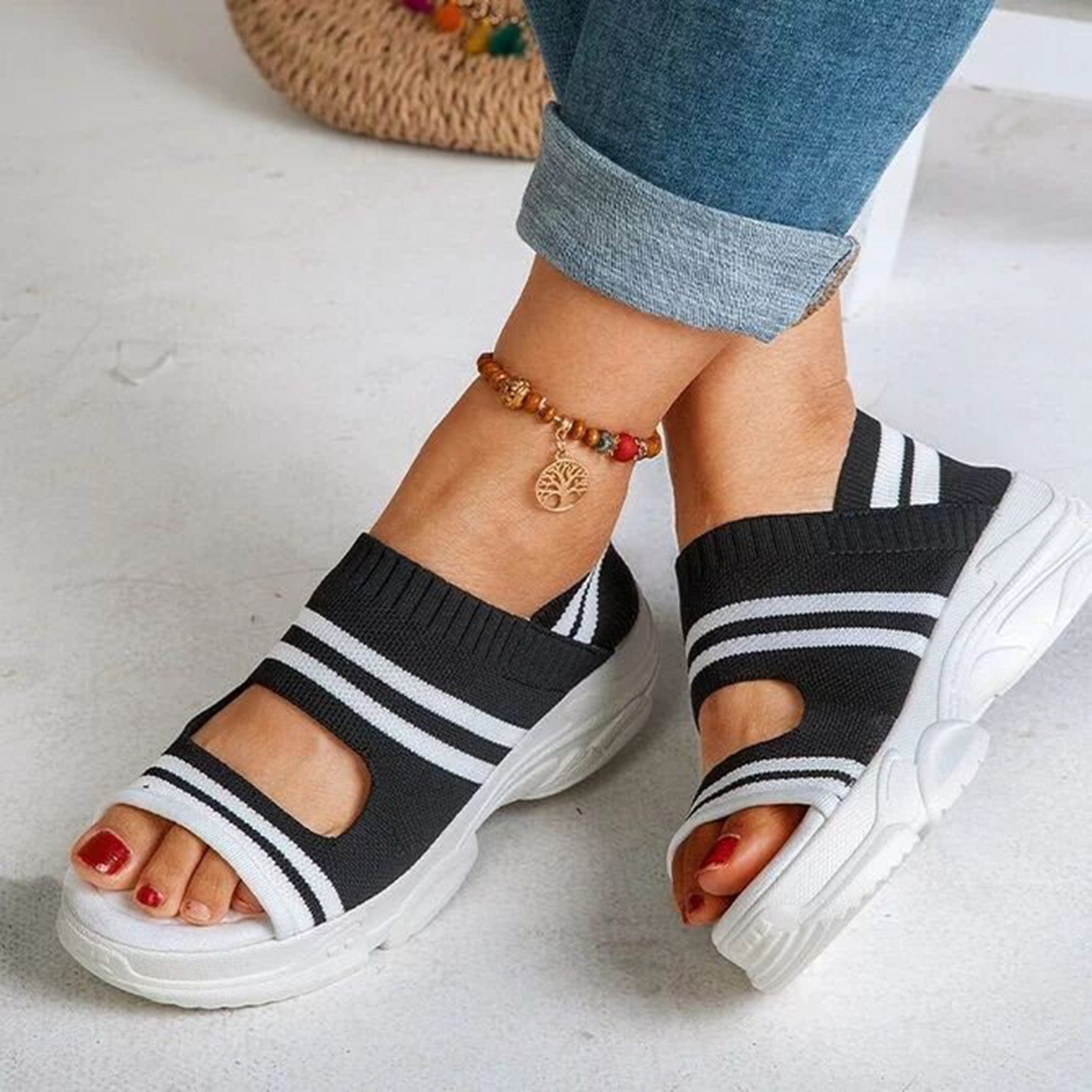SHENJUA Sandals for Women 2025 Dressy Mid Heel Mesh Slip On Sporty ...