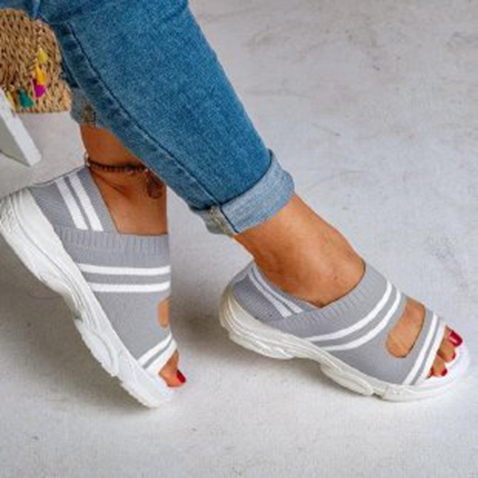SHENJUA Sandals for Women 2025 Mid Heel Mesh Slip On Sporty Rubber Toe ...