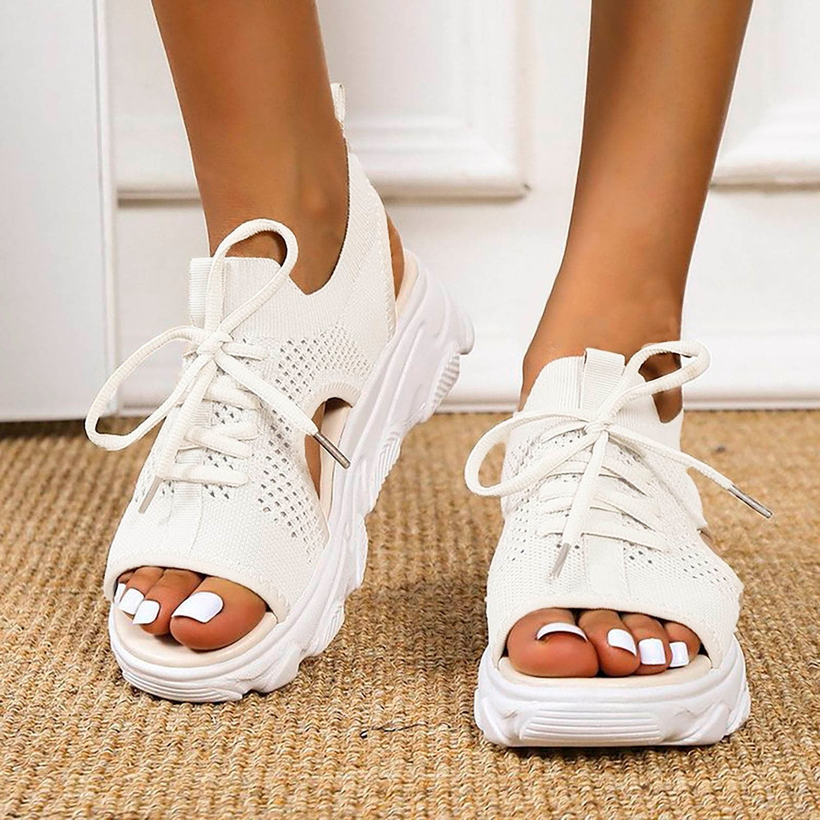 SHENJUA Sandals for Women 2025 Summer Mesh Casual White Thick Soled ...