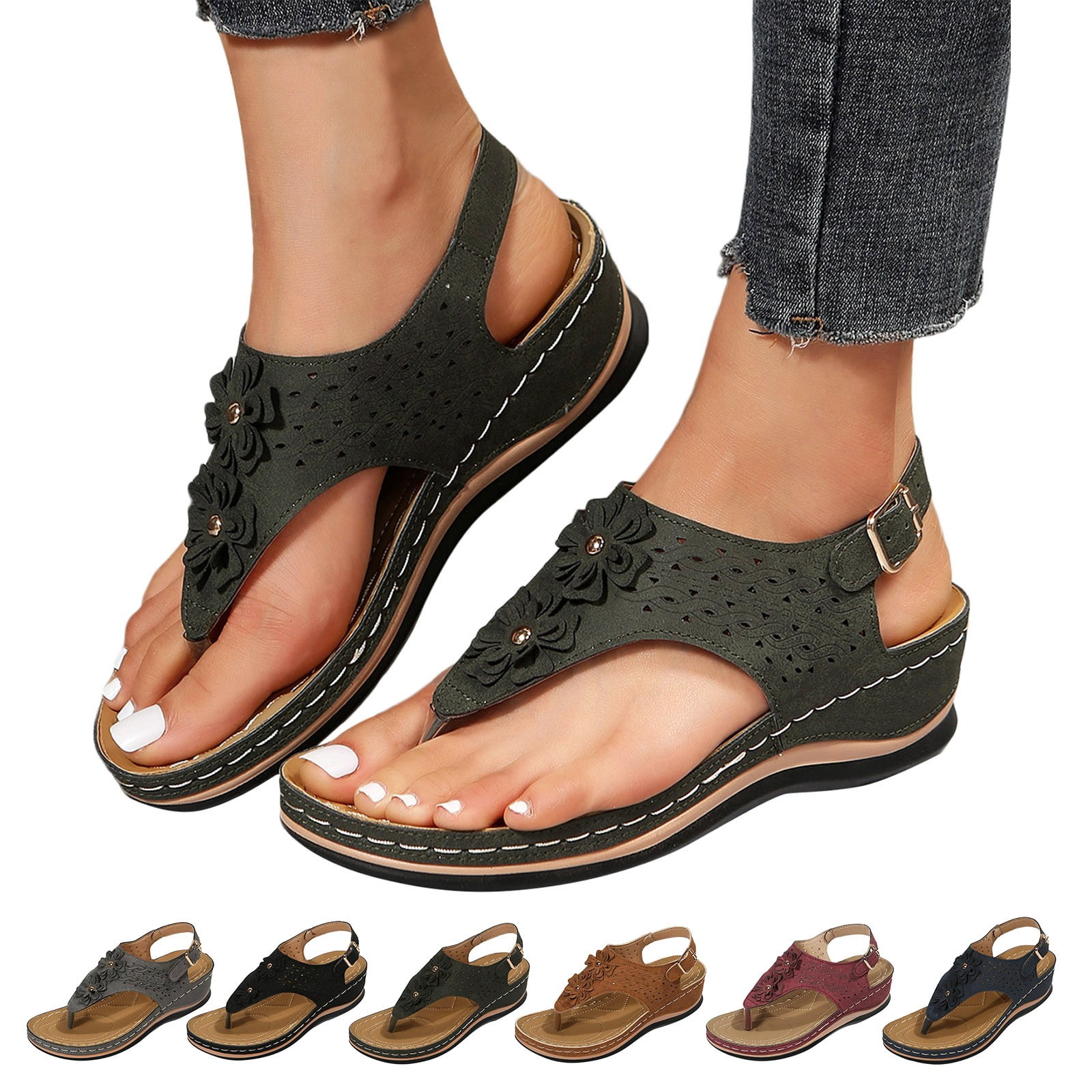 SHENJUA Womens Sandals Dressy Ergonomic Design Wedge Toe Post Mitigate ...