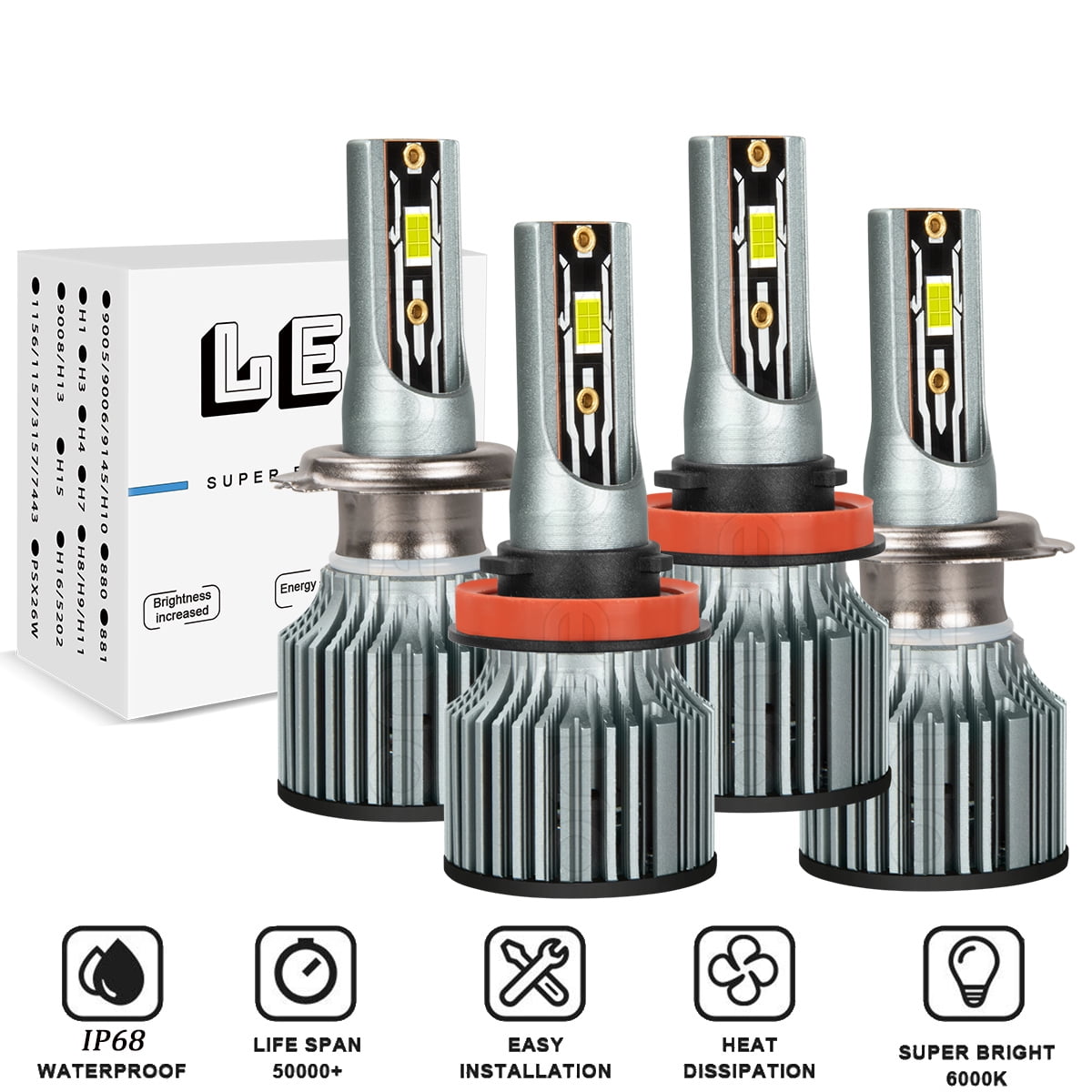 SHENKENUO 4pcs H7 H11/H8/H9 Combo LED Headlight Kit Light Bulb High Low ...