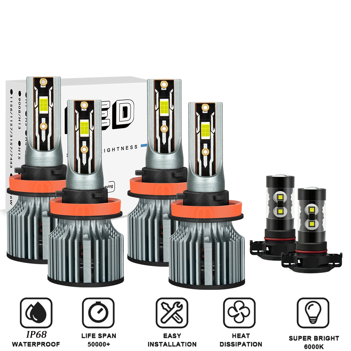 SHENKENUO 6X 6000K LED Headlight H9/H11 High&Low Beam + H16/5202 Fog Light Bulb Combo Plug&Play ...