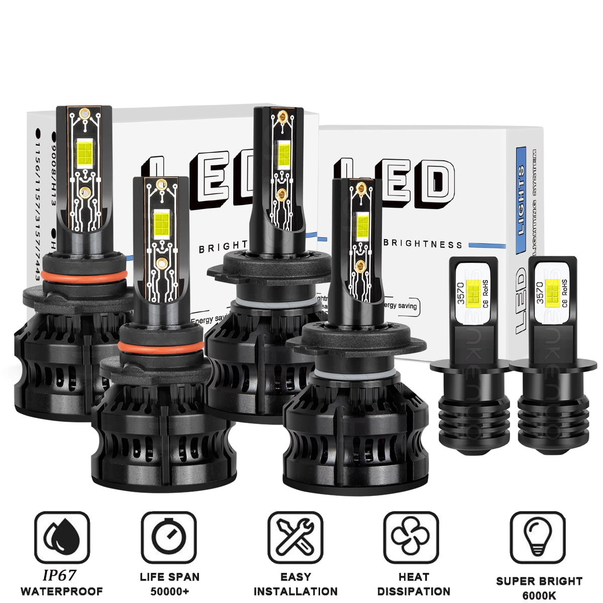 SHENKENUO 6X LED Headlight Bulbs 9005 High Beam H7 Low Beam H3 Fog ...