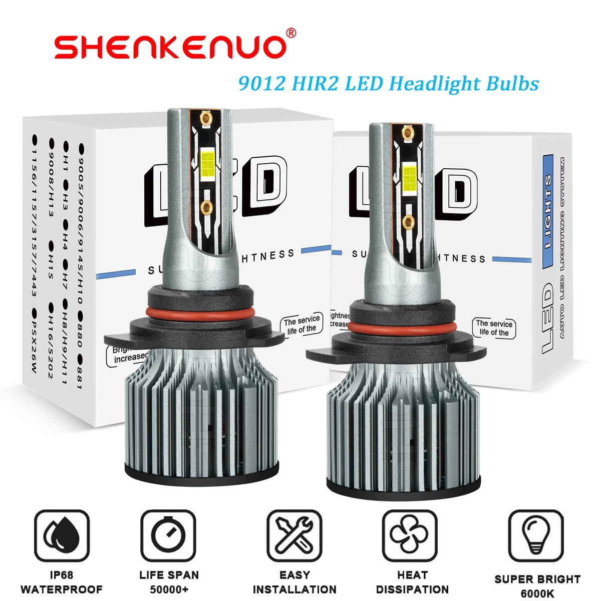 SHENKENUO 9012 LED Headlight Bulbs LED High Beam Headlamps 36W 3000LM ...