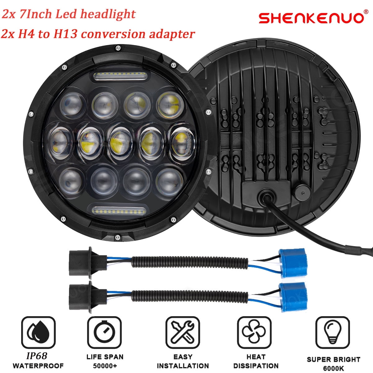 SHENKENUO LED Headlight for Wrangler 7" Round LED Headlights, 75W ...