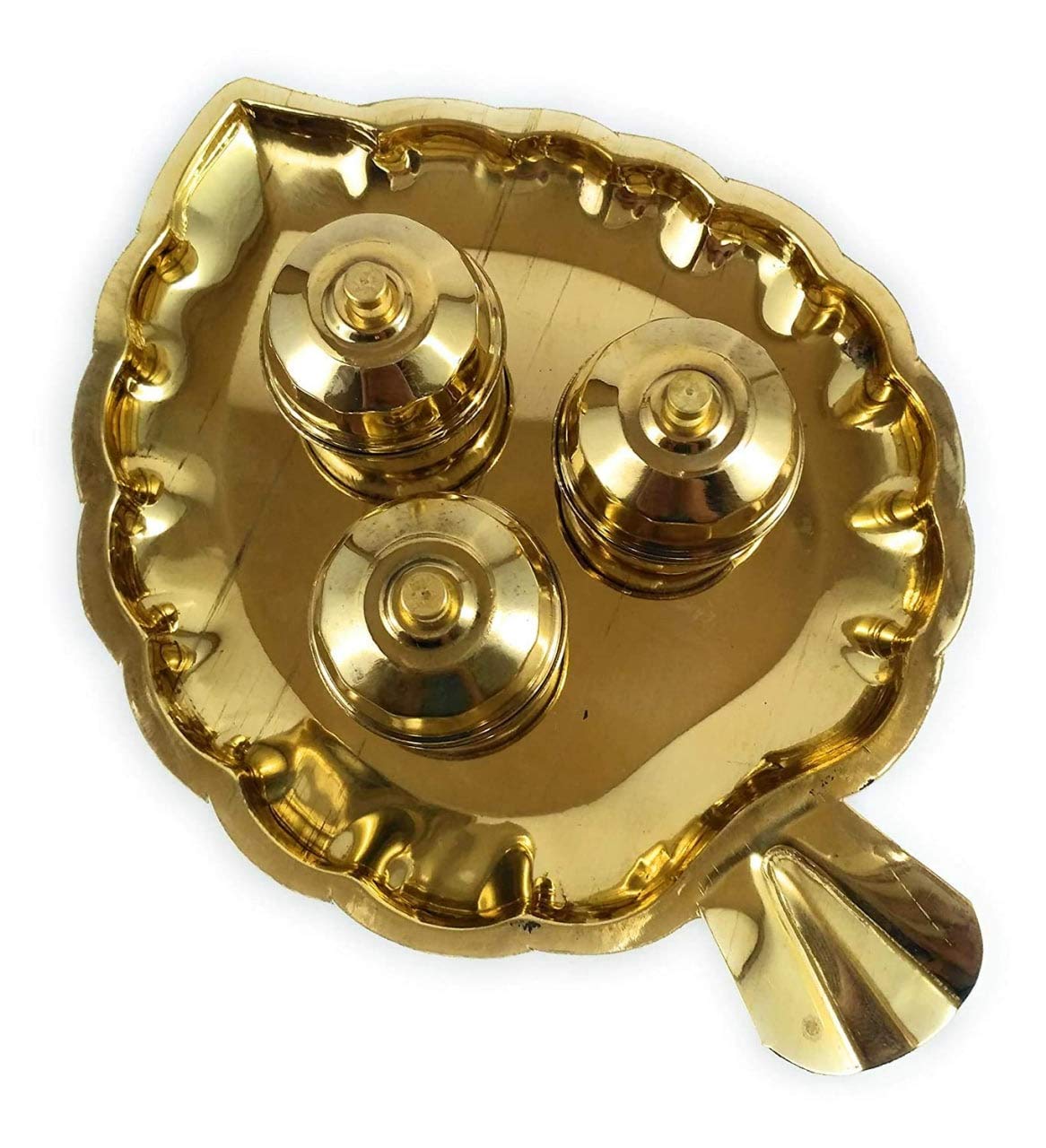 SHENKY Brass Leaf Shaped Thali with Haldi Kumkum Containers Golden ...