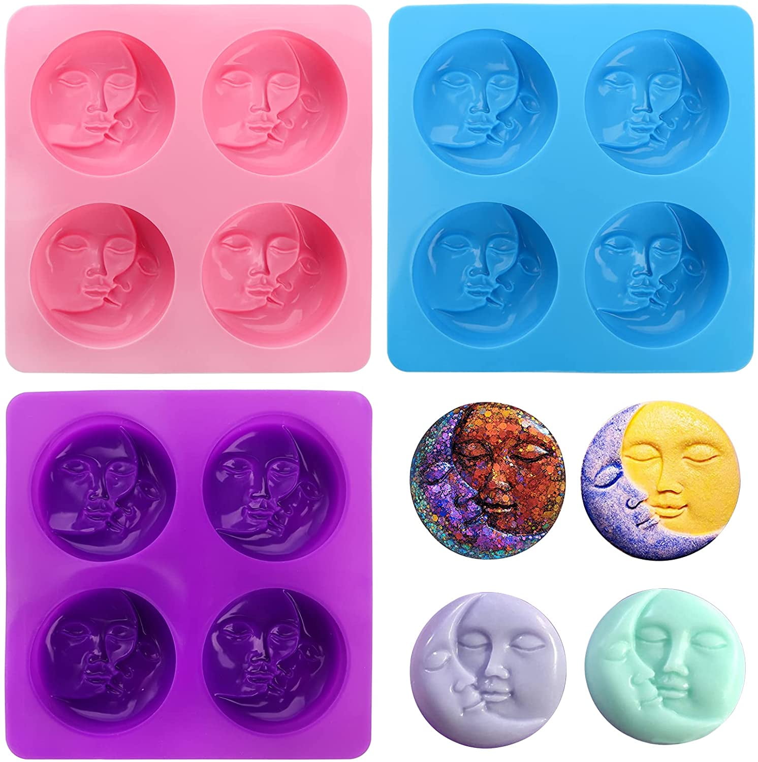 SHENSHA 3 Pack Sun & Moon Silicone Soap Molds, 4 Cavity Sun & Moon Face ...