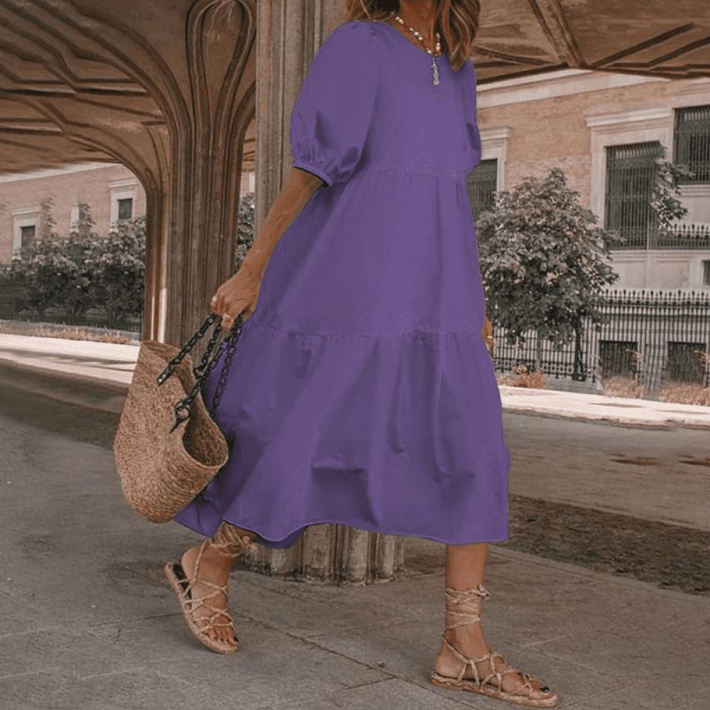 SHEOWO Women Autumn O-neck Pure Color Pendulum Dress Casual Swing Half ...