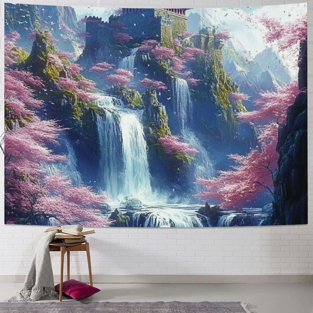 SHERONV Aesthetic Pink Cherry Blossom Tree Tapestry Building On ...