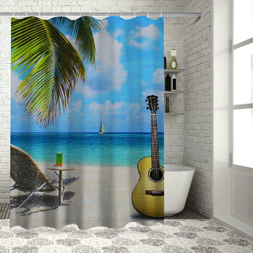 SHERONV Beach Guitar Palm Tree Shower Curtain Set with Hooks 60"x72 ...