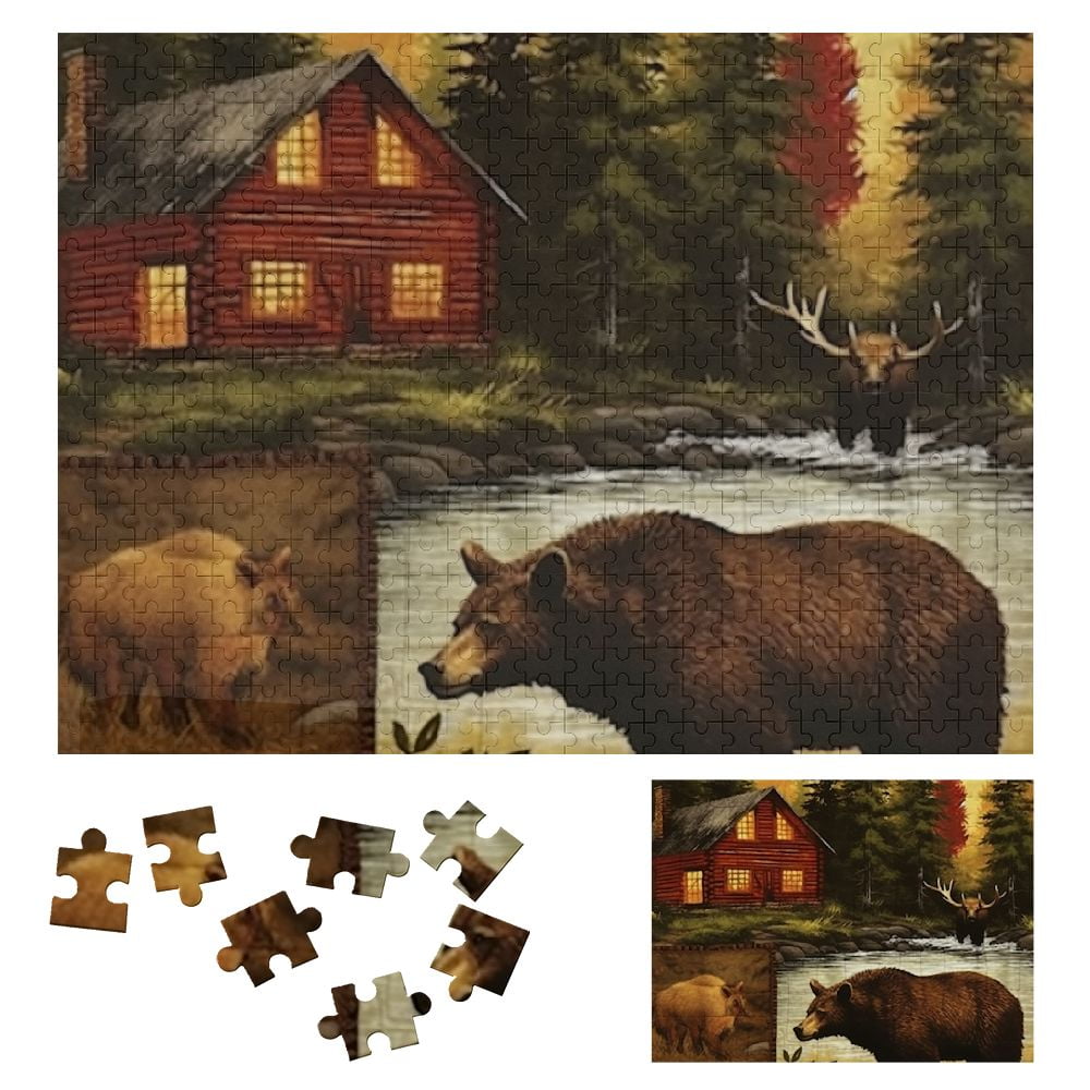 SHERONV Bear Moose Cabin Wooden Jigsaw Puzzle Horizontal Style Family ...