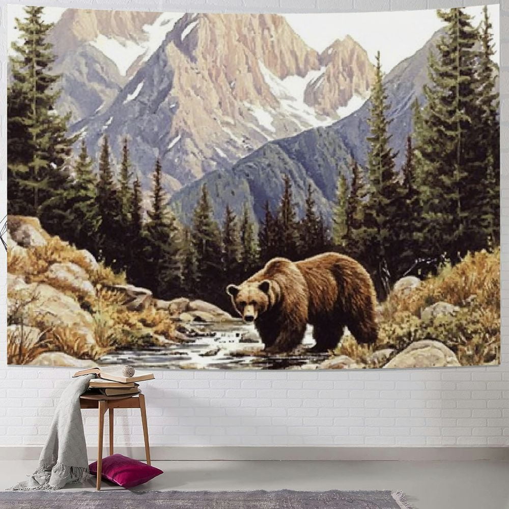 SHERONV Bear Tapestry for Men, Wild animal in Mountain Forest Tapestry ...