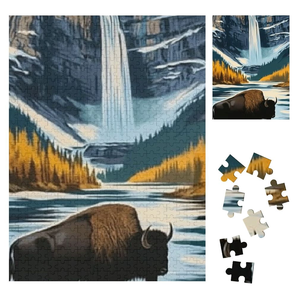SHERONV Bison Waterfall Mountain Wooden Jigsaw Puzzle Vertical Style ...