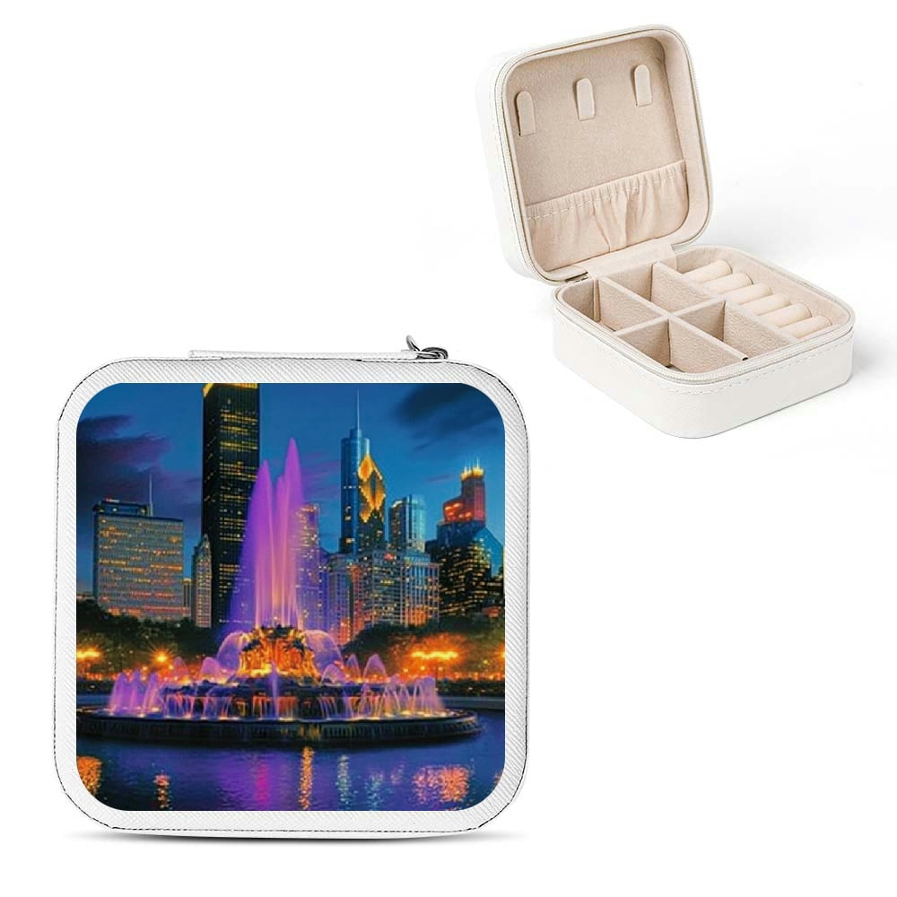 SHERONV City Skyline Night View Fountain Jewelry Box for Travel White ...