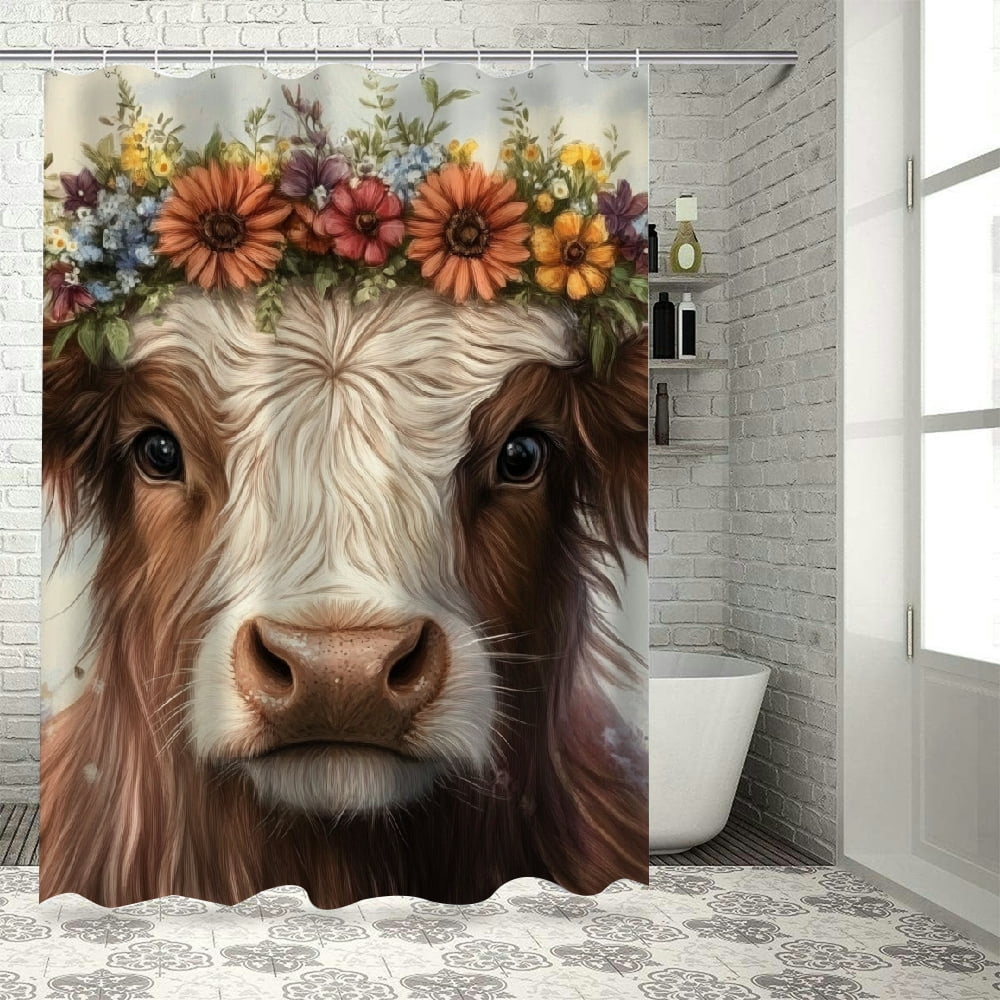 SHERONV Cow Flower Crown Bathroom Shower Curtain Set with Hooks 60"x72 ...