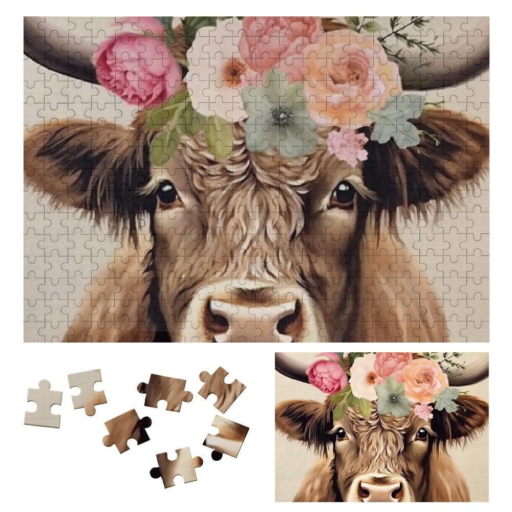 SHERONV Cow with Flower Crown Wooden Jigsaw Puzzle for Adults and Kids ...