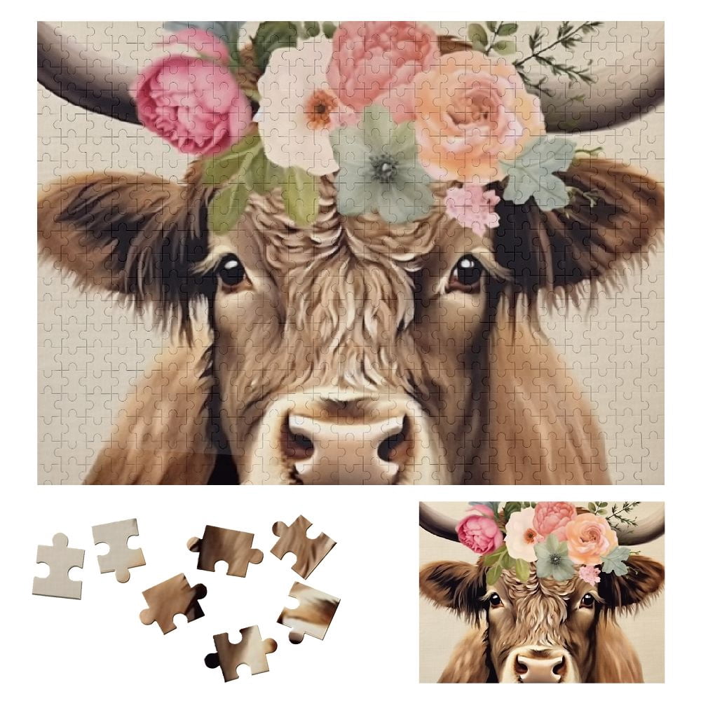 SHERONV Cow with Flower Crown Wooden Jigsaw Puzzle for Adults and Kids ...