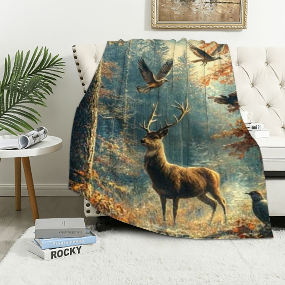 SHERONV Deer and Forest Scene Throw Blanket Gifts, Soft Cozy Blanket ...