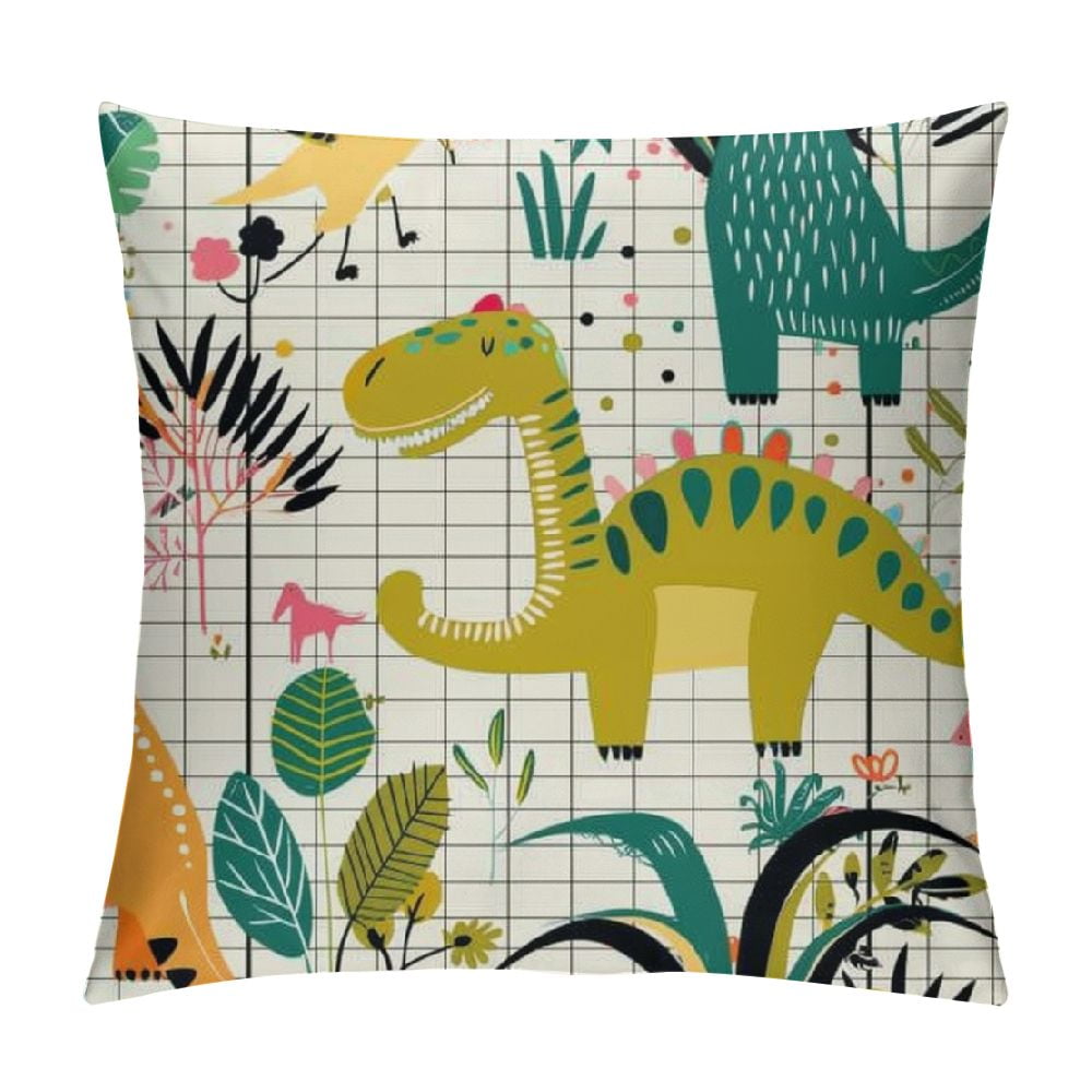 SHERONV Dinosaurs Plants Grid Pattern Decorative Pillow Cover for Home ...