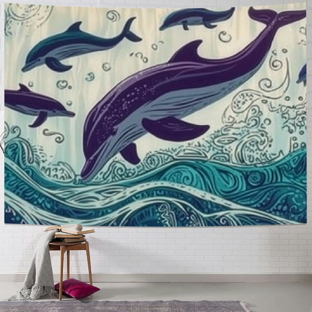 SHERONV Dolphins Waves Ocean Tapestry Wall Hanging Unique Style for ...