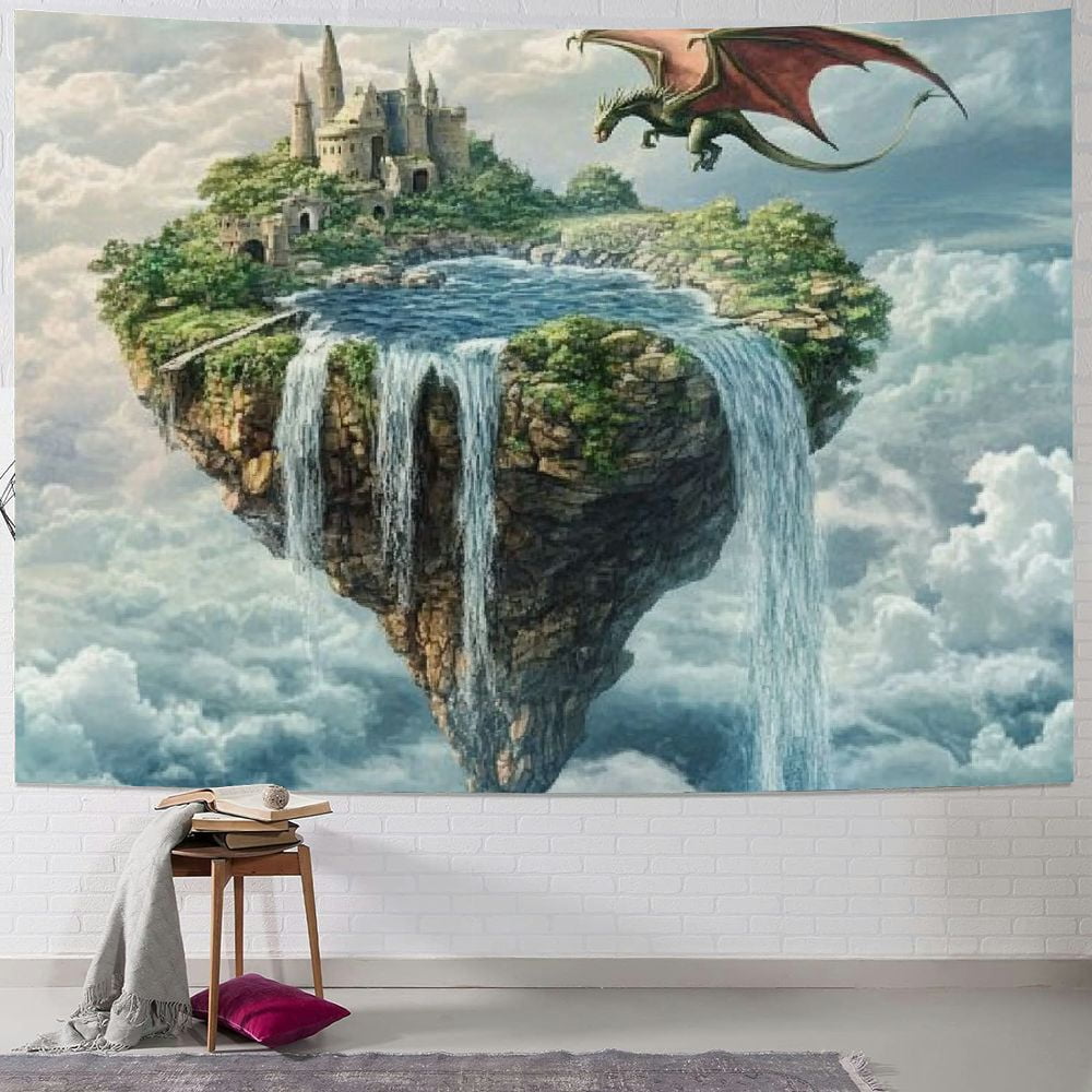 SHERONV Fantasy Tapestry, Island with Dragon Castle Tower Waterfall and ...