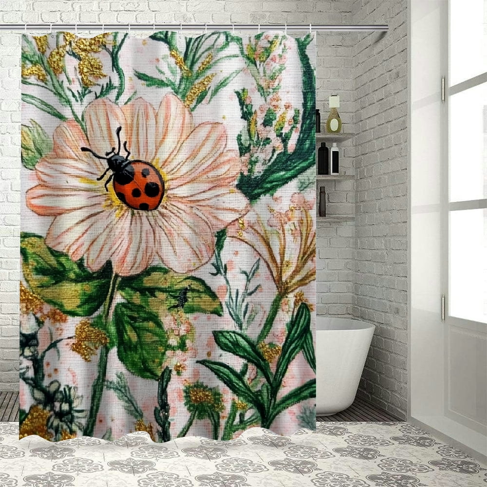 SHERONV Flowers Ladybug Painting Shower Curtain Set with Hooks 36"x72 ...