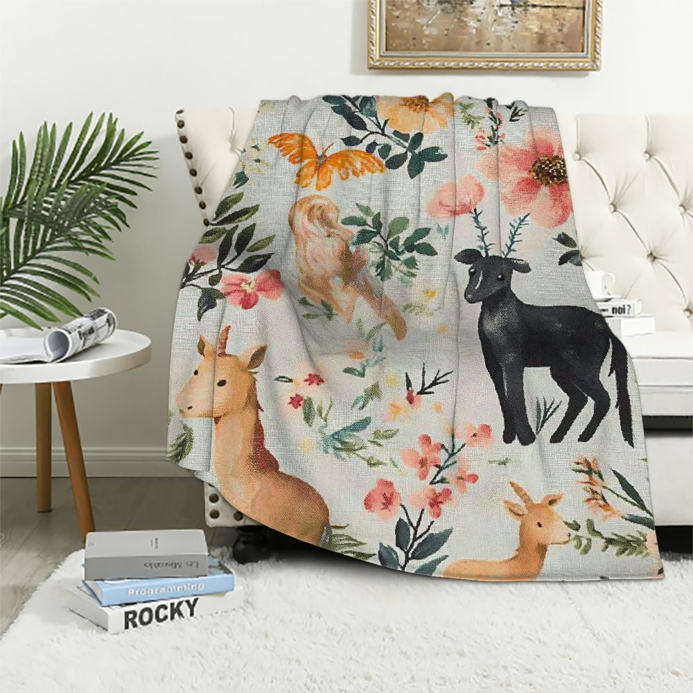SHERONV Goat and Flower Blanket - Cute Goat and Floral Soft Throw ...