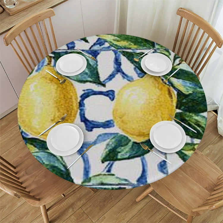 SHERONV Lemon Tiles Summer Round Tablecloth Stain-Resistant 100% ...