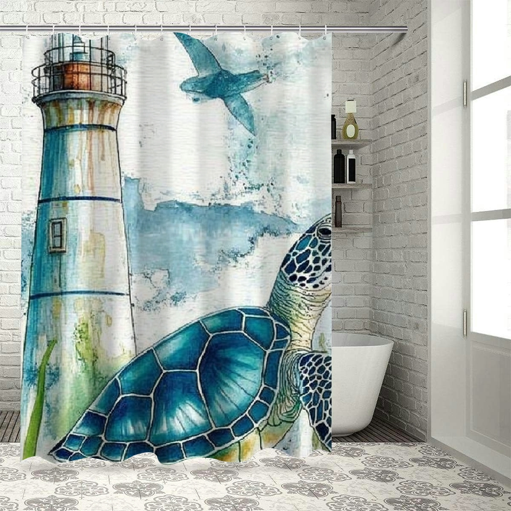 SHERONV Lighthouse Sea Turtle Watercolor Shower Curtain Set with Hooks ...
