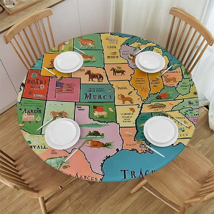 SHERONV Map States Round Table Cover with Elastic Edge - Stain ...