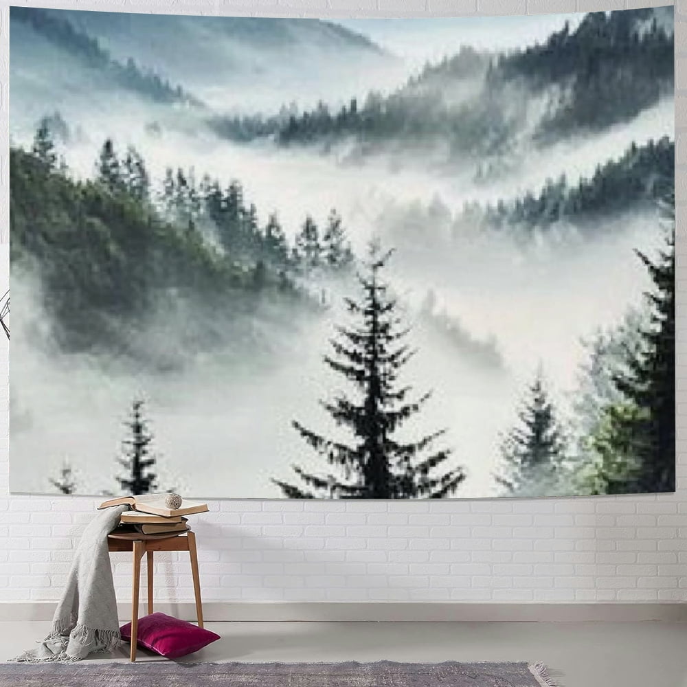 SHERONV Misty Mountain Forest Tapestry Foggy Tree Tapestry Nature ...