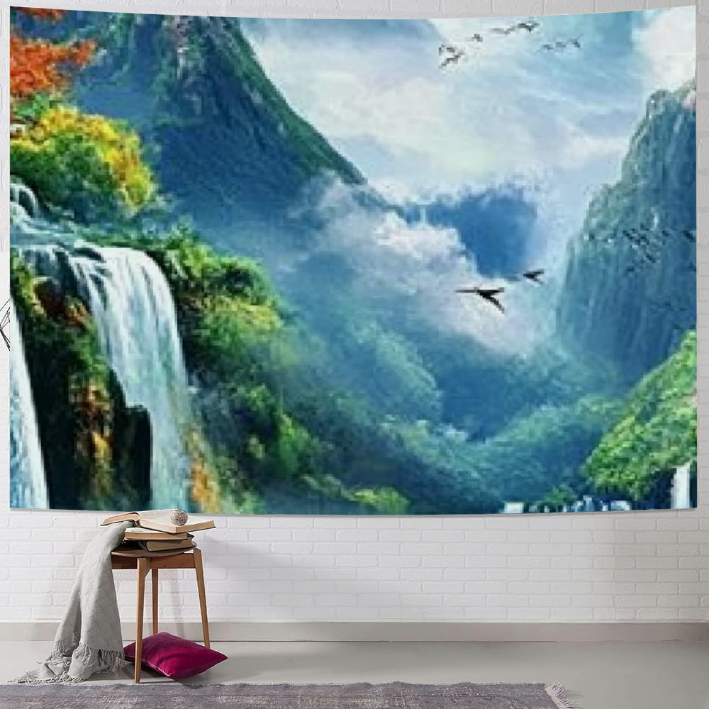 SHERONV Natural tapestry wall hanging, mountain forest river landscape ...