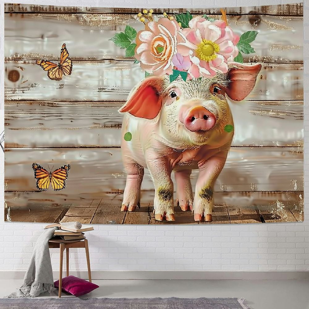 SHERONV Pig Flower Crown Butterfly Tapestry Wall Hanging Unique Style ...