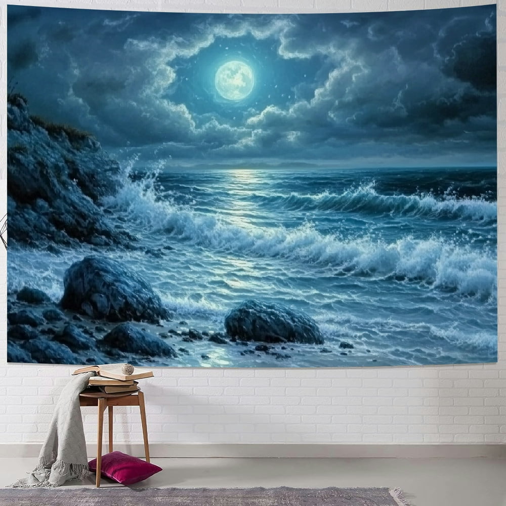SHERONV Rocky Beach Full Moon Water Tapestry Wall Hanging Unique Style ...