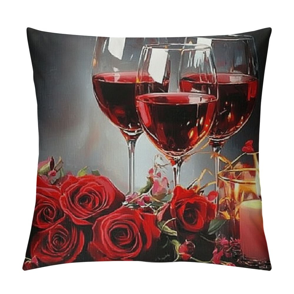 SHERONV Rose Wine Glass Pillow Covers Red Black Rose Throw Pillow ...