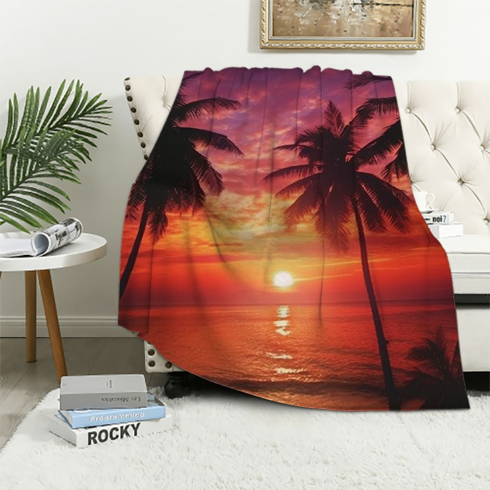 SHERONV Sunset Palm Trees Ocean Theme Warm Lightweight Soft Fleece ...