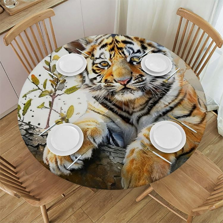 SHERONV Tiger Cub Round Table Cover Stain Resistant Washable 100% ...